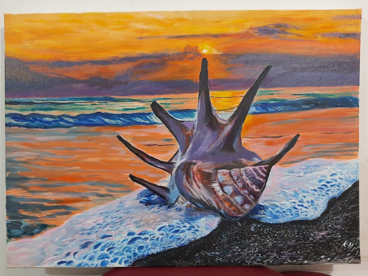 Shell in the sea surf. Painting by Kareshma Noursai